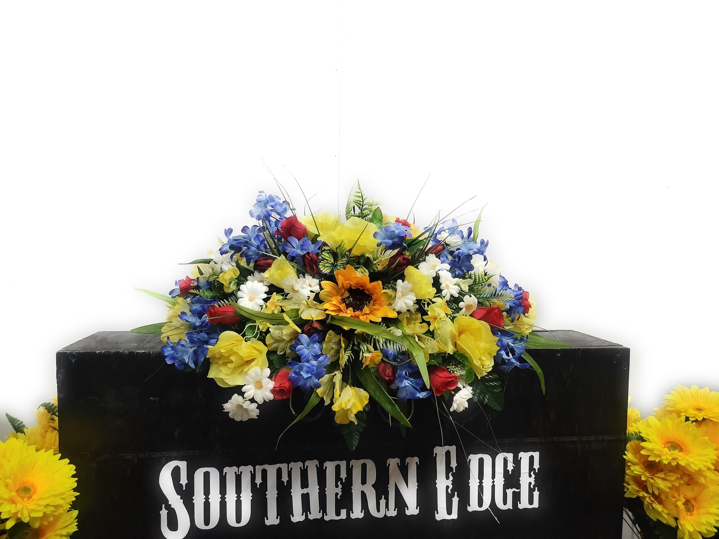 Gravestone Saddle Flowers Red tulips sunflowers blue lilac daisy 24&qu ...